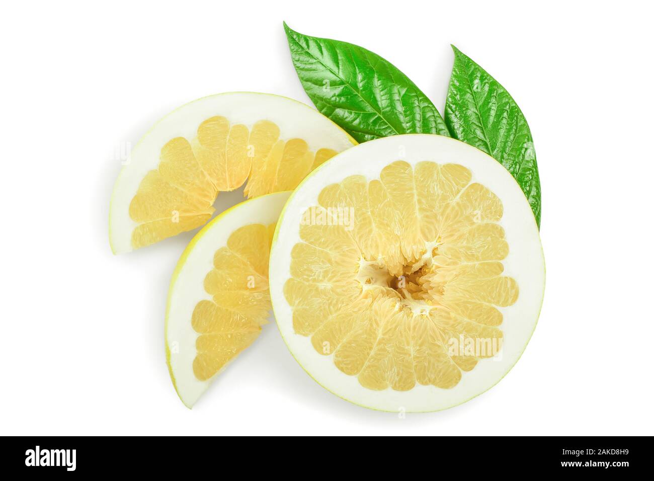 half of pomelo with slice and leaf isolated on white background. Top ...