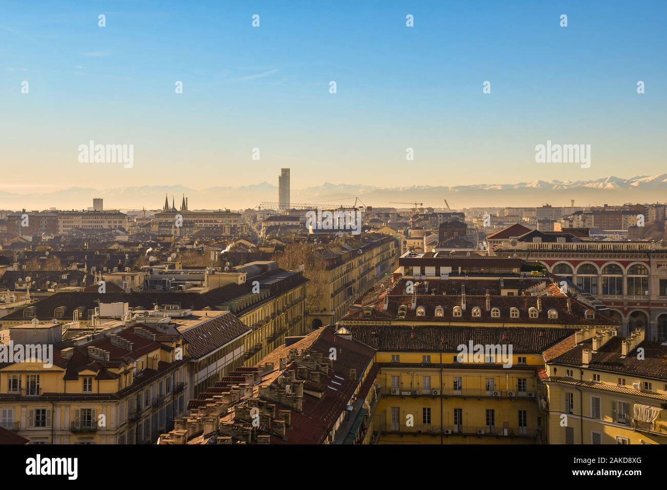 Elevated view of the historic centre of Turin with the skyscraper of ...