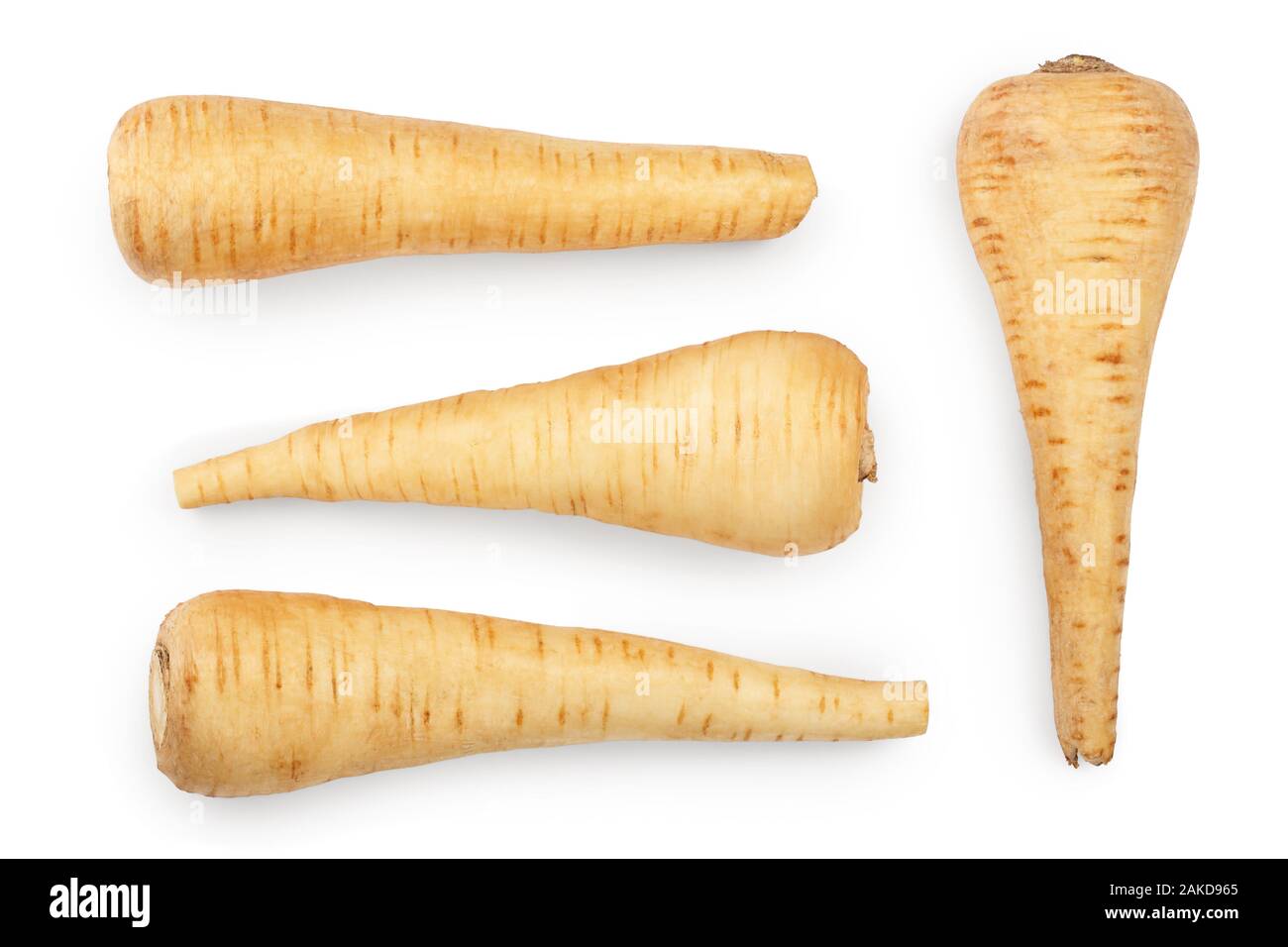 Parsnip root isolated on white background closeup. Top view. Flat lay ...