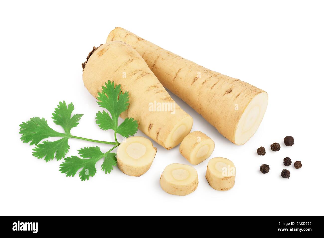 Parsnip root and slices with parsley isolated on white background with ...