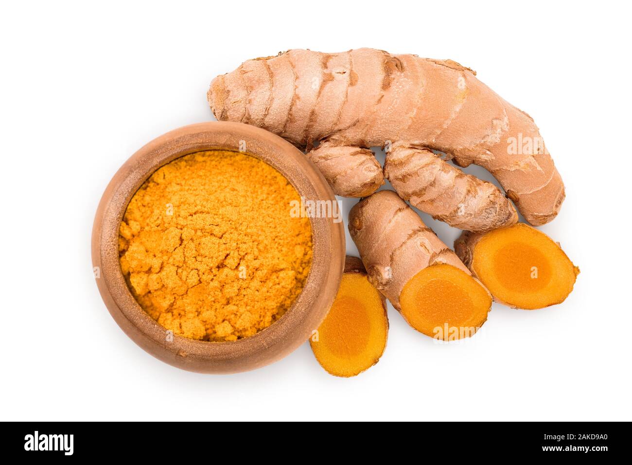 Turmeric powder and turmeric root isolated on white background. Top ...