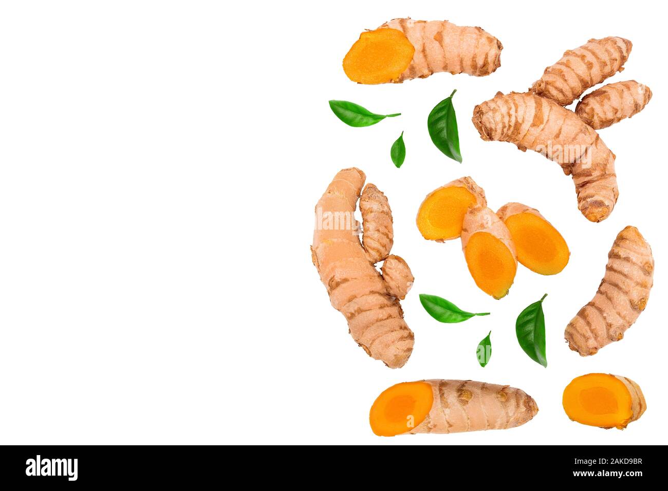 turmeric root and slices isolated on white background with copy space ...