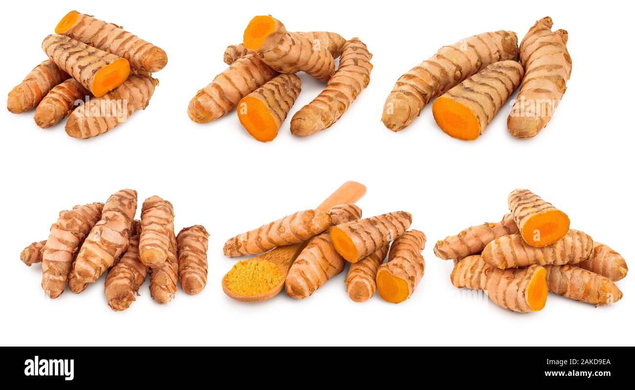 Set or collection turmeric powder and turmeric root isolated on white ...