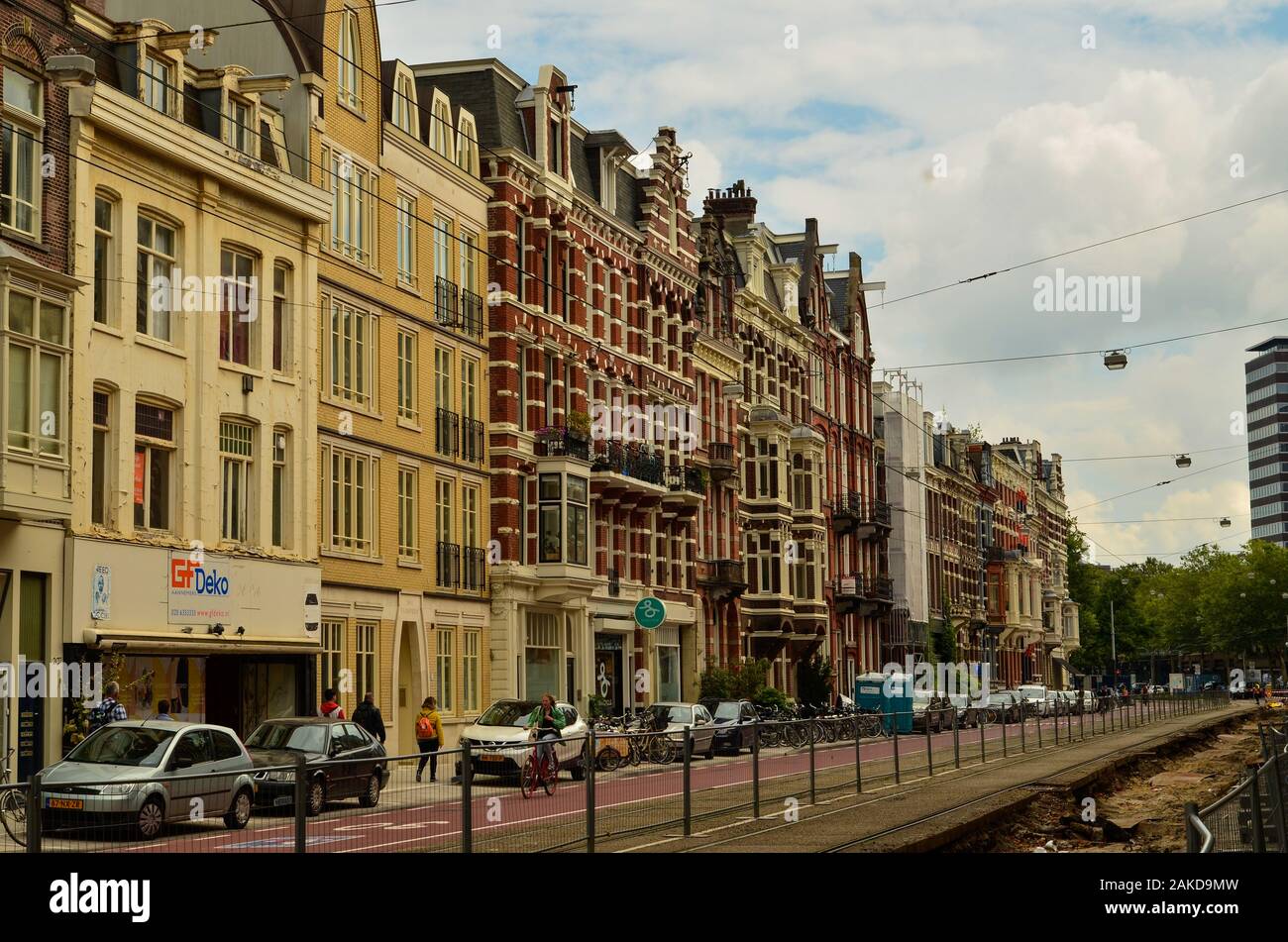 Amsterdam, the Netherlands, August 2019. Typical street in the historic ...