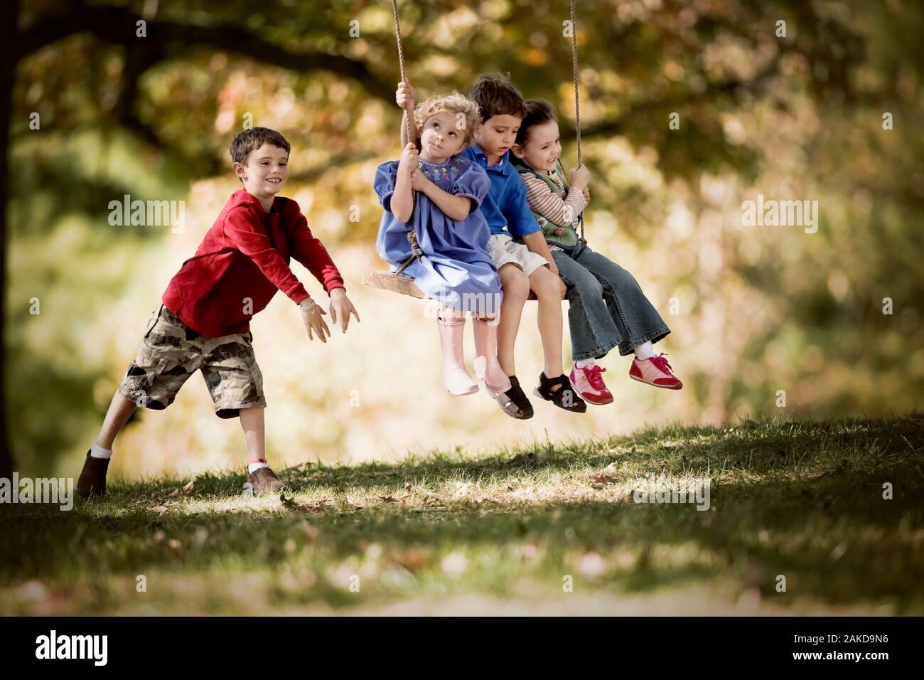 Children playing on tree swing together Stock Photo - Alamy