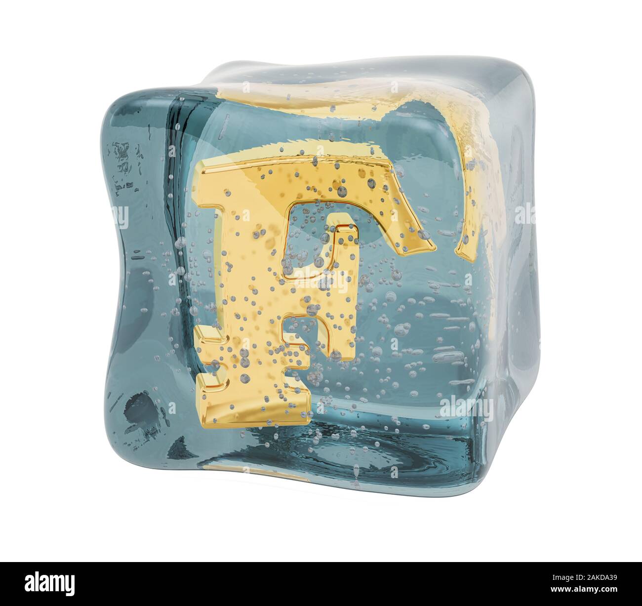 Franc symbol frozen in ice cube, 3D rendering isolated on white ...