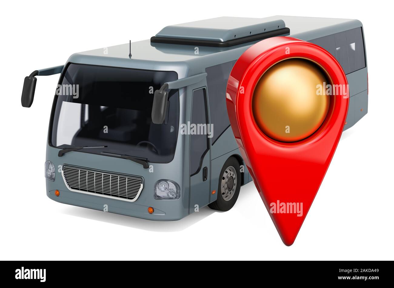 Bus station location concept. Map pointer with bus, 3D rendering isolated on white background ...