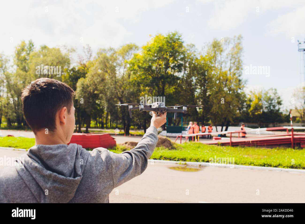 Drone remote control in hand man.Man operating of flying drone Stock ...