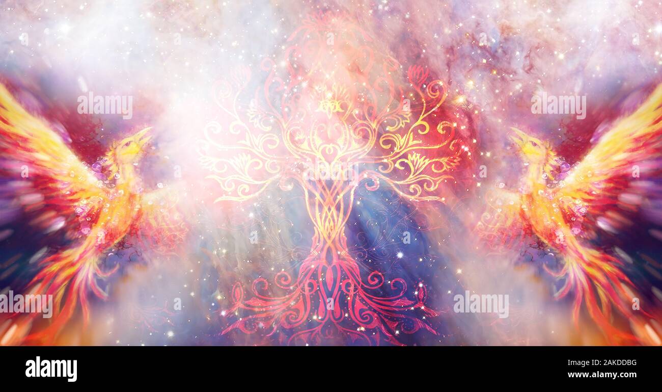 pair of phoenix with tree of life, space background Stock Photo - Alamy