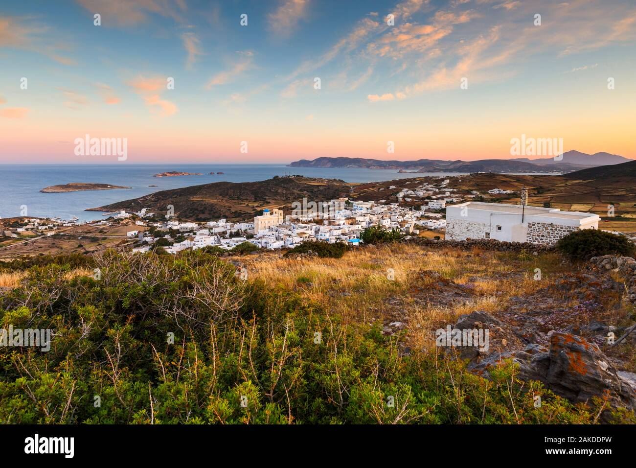 Chora village on Kimolos and Milos island in the distance Stock Photo ...