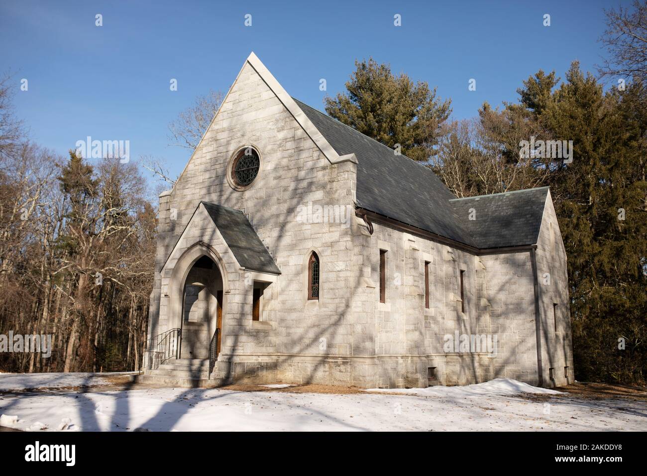 The Woodlawn Cemetery chapel on a sunny winter day in Acton ...