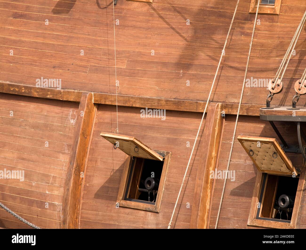 Cannon windows on a 17th Century Spanish Armada galleon berthed at the ...
