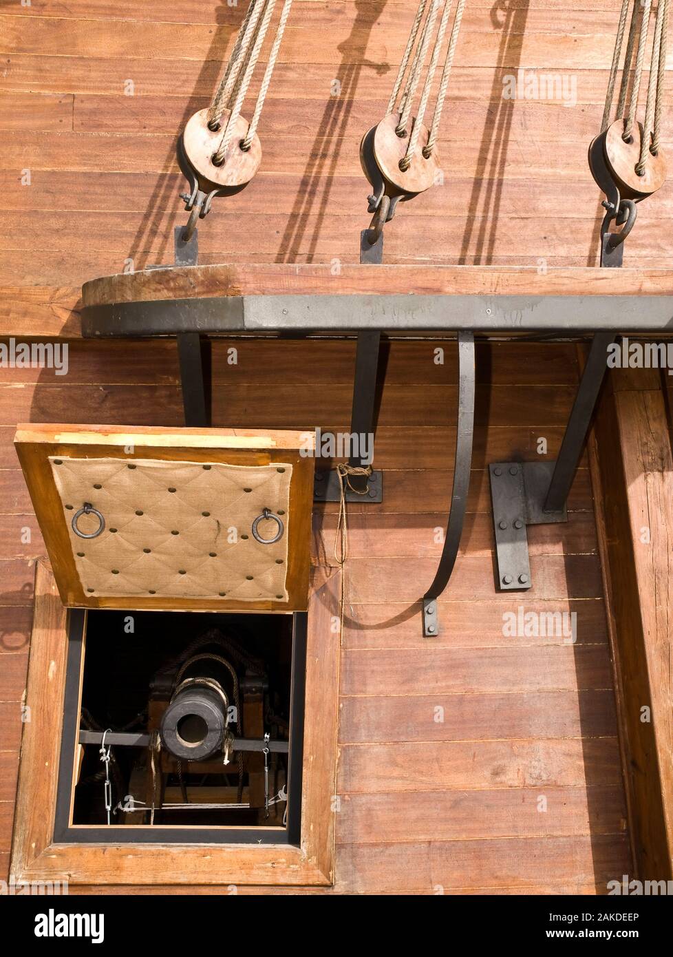 Cannon windows on a 17th Century Spanish Armada galleon berthed at the ...
