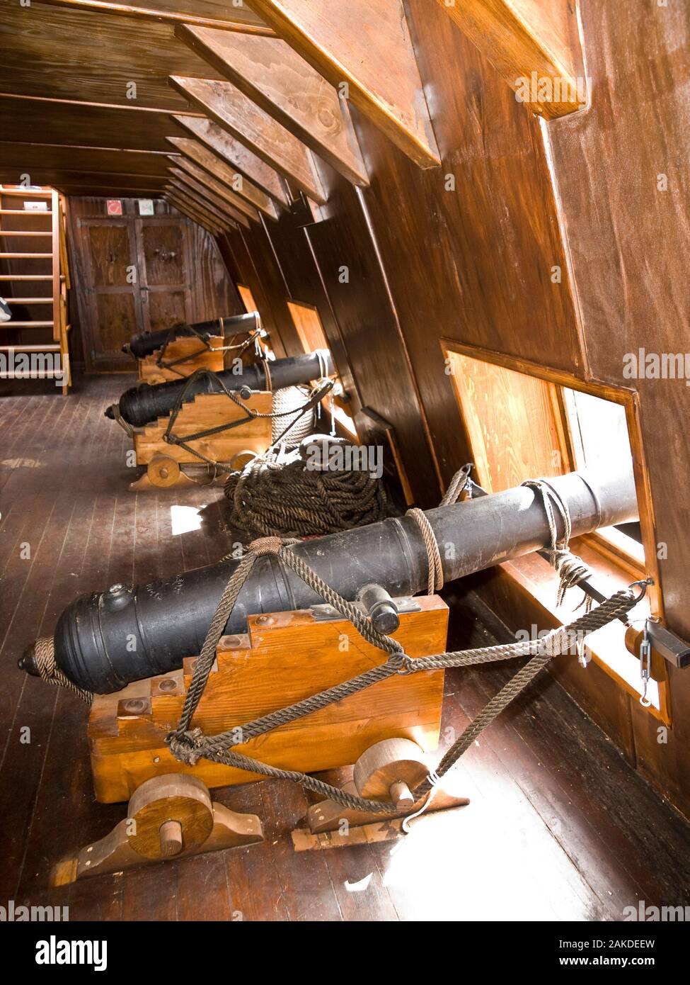 Cannon windows on a 17th Century Spanish Armada galleon berthed at the ...