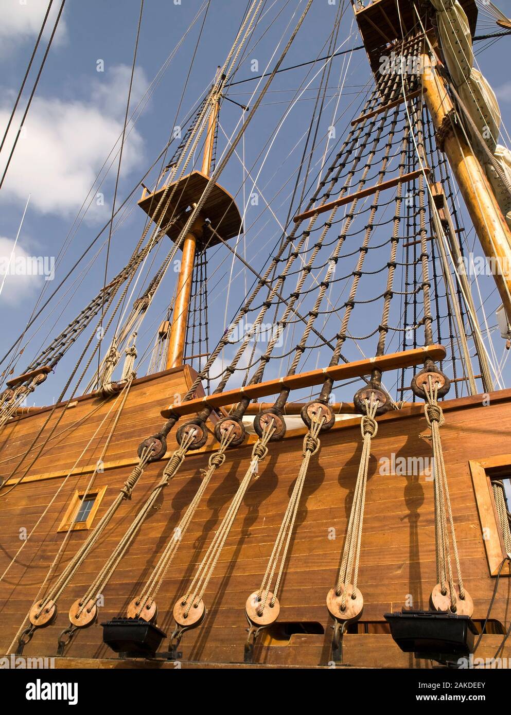 Shrouds on a 17th Century Spanish Armada galleon berthed at the Grand ...