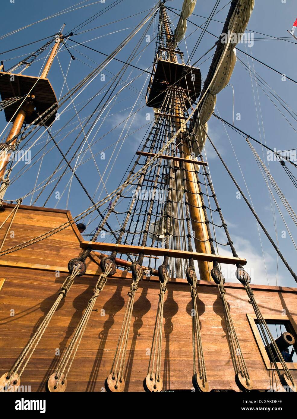 Shrouds on a 17th Century Spanish Armada galleon berthed at the Grand ...