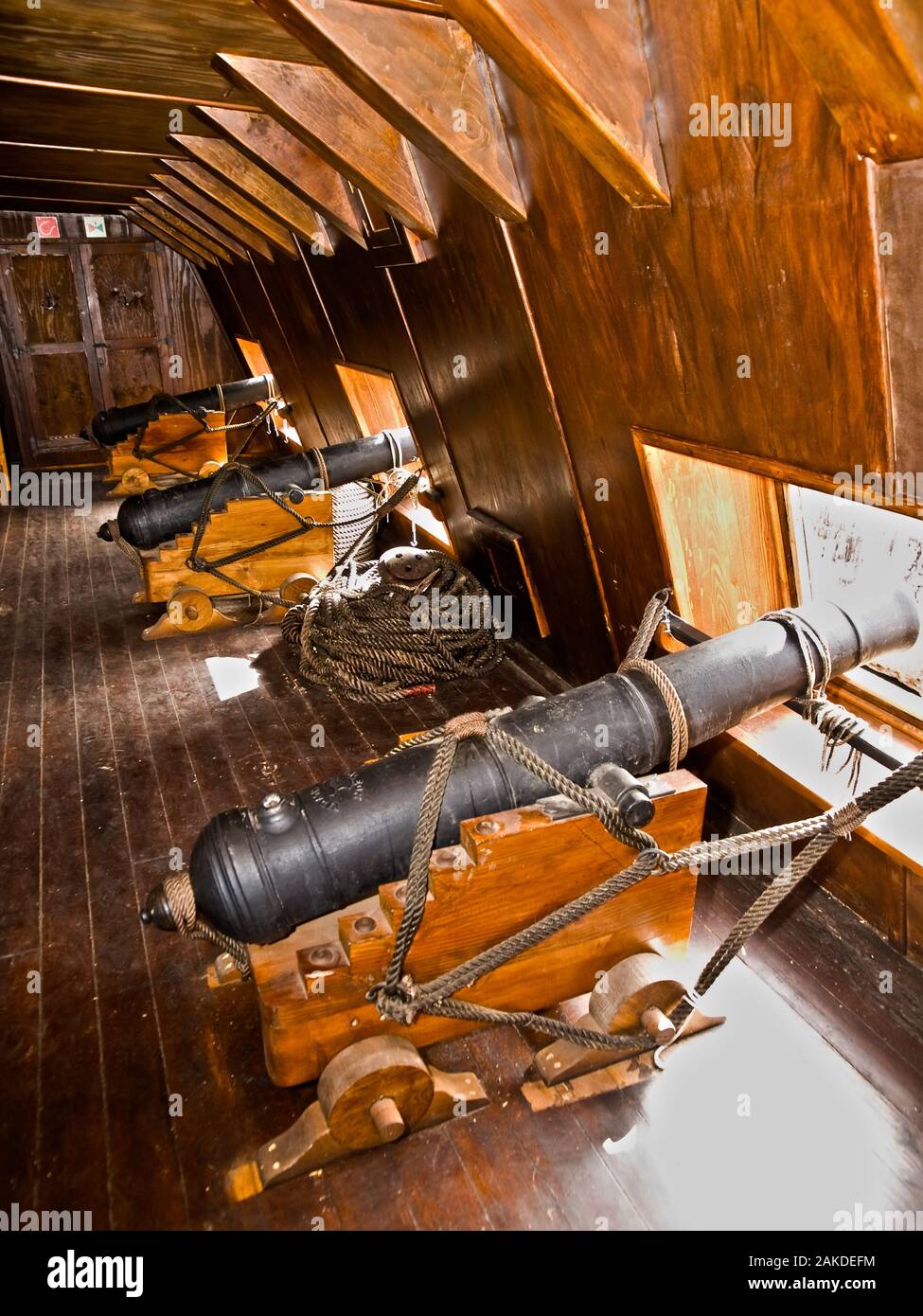 Cannon windows on a 17th Century Spanish Armada galleon berthed at the ...