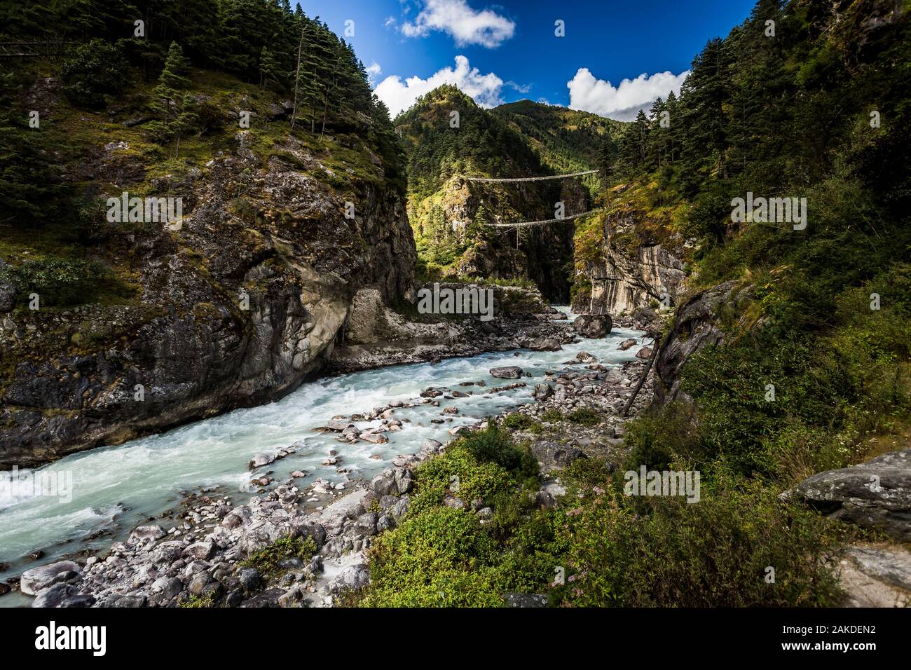 swing bridge over river in the everest region of nepal Stock Photo - Alamy