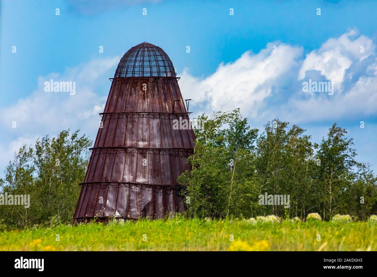 A wide angle view of a strange and unusual tin metal domed tower ...