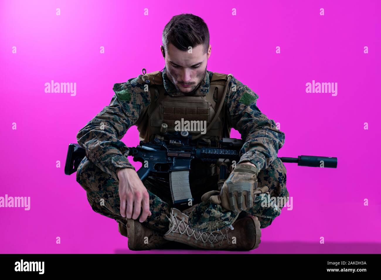 soldier meditation pray religion and get relax having psychological ...