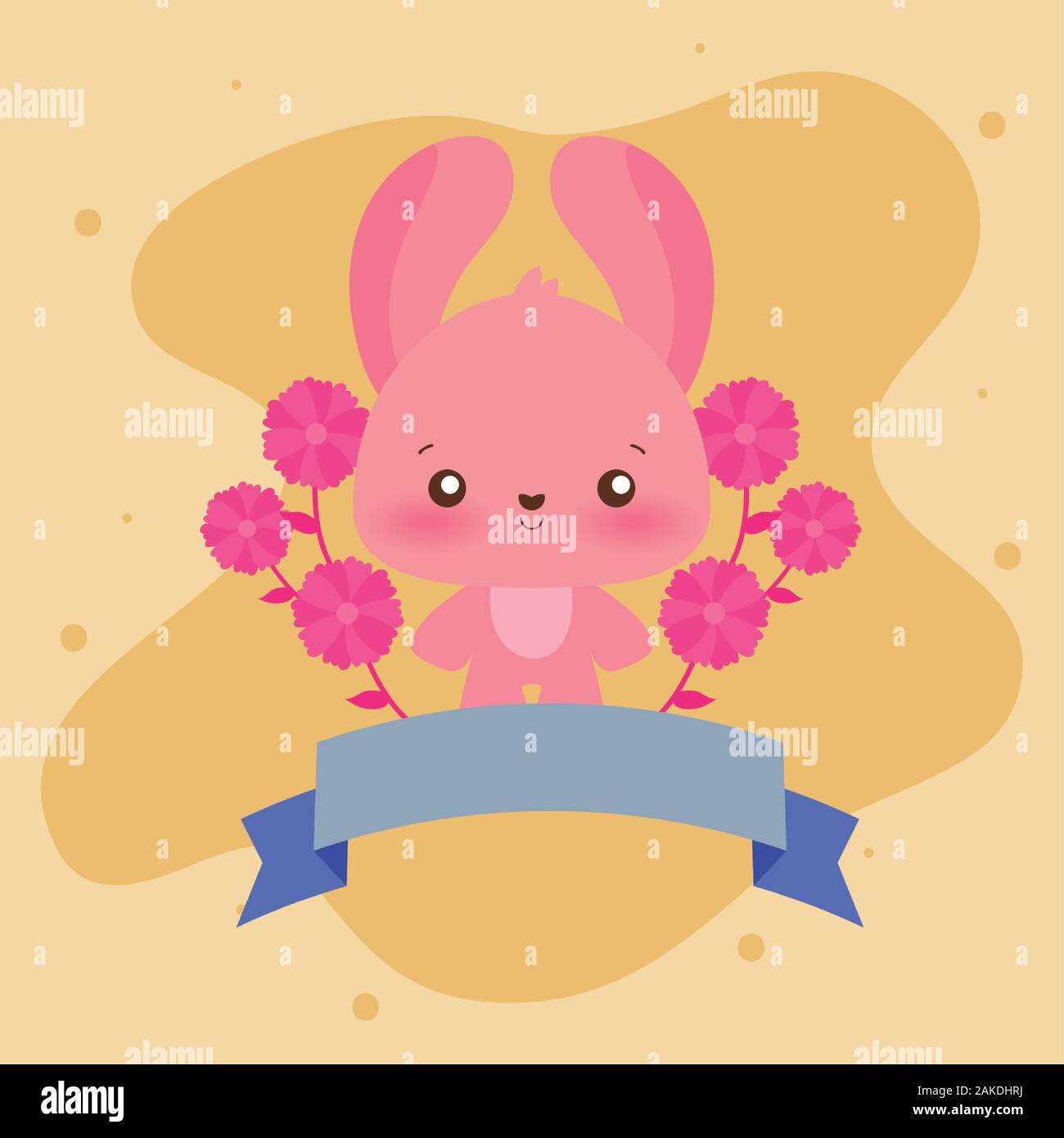 Cute rabbit cartoon with ribbon and flowers design, Animal zoo life ...