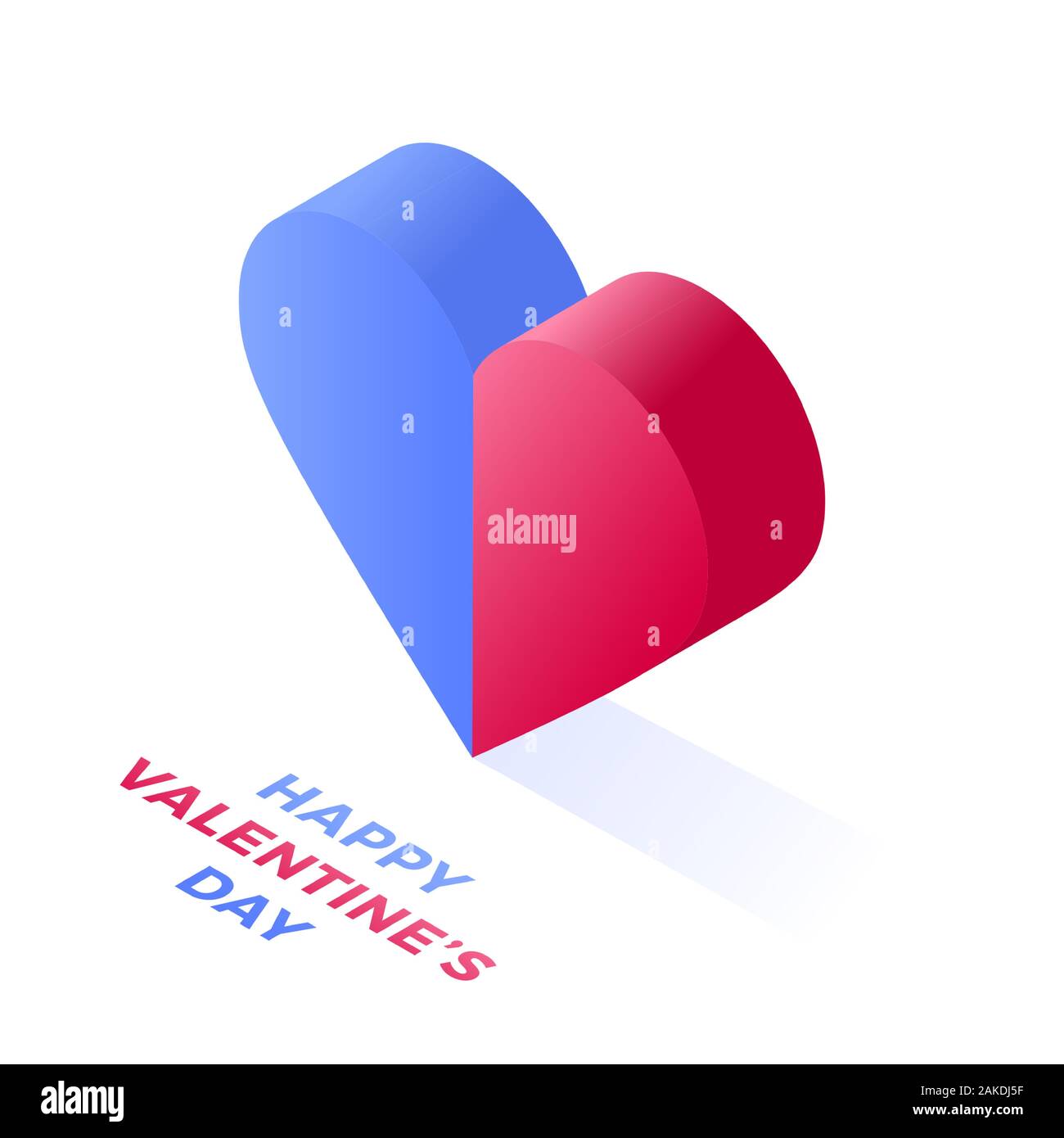 Happy Valentine Day Isometric heart made of two halves, pink and blue ...