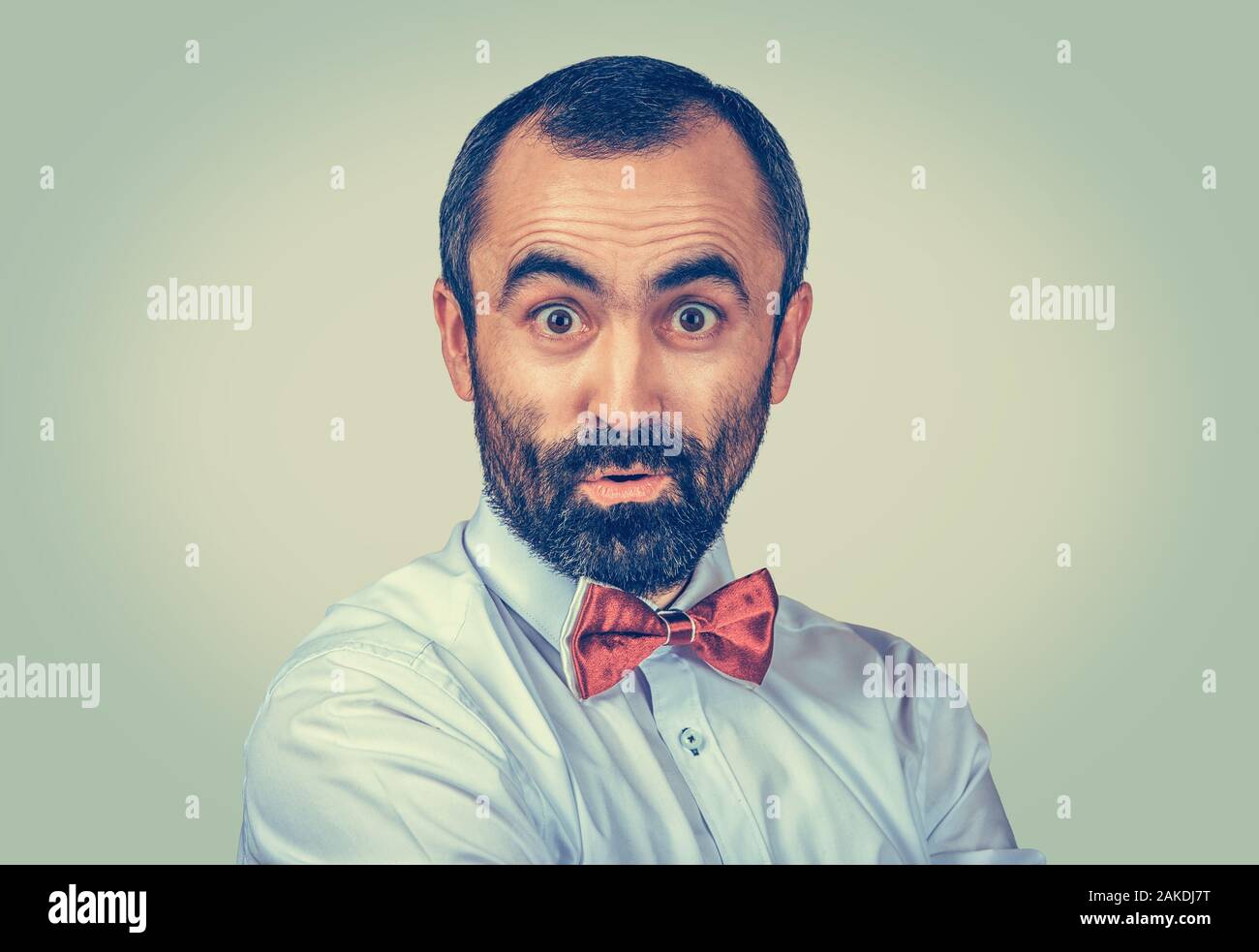 Portrait of surprised, shocked, bearded man isolated on light green ...
