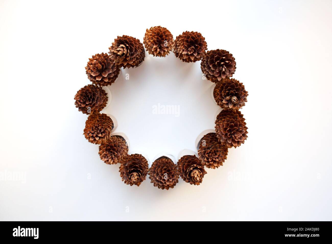 Pine cones circle wreath isolated on white background from a high angle ...
