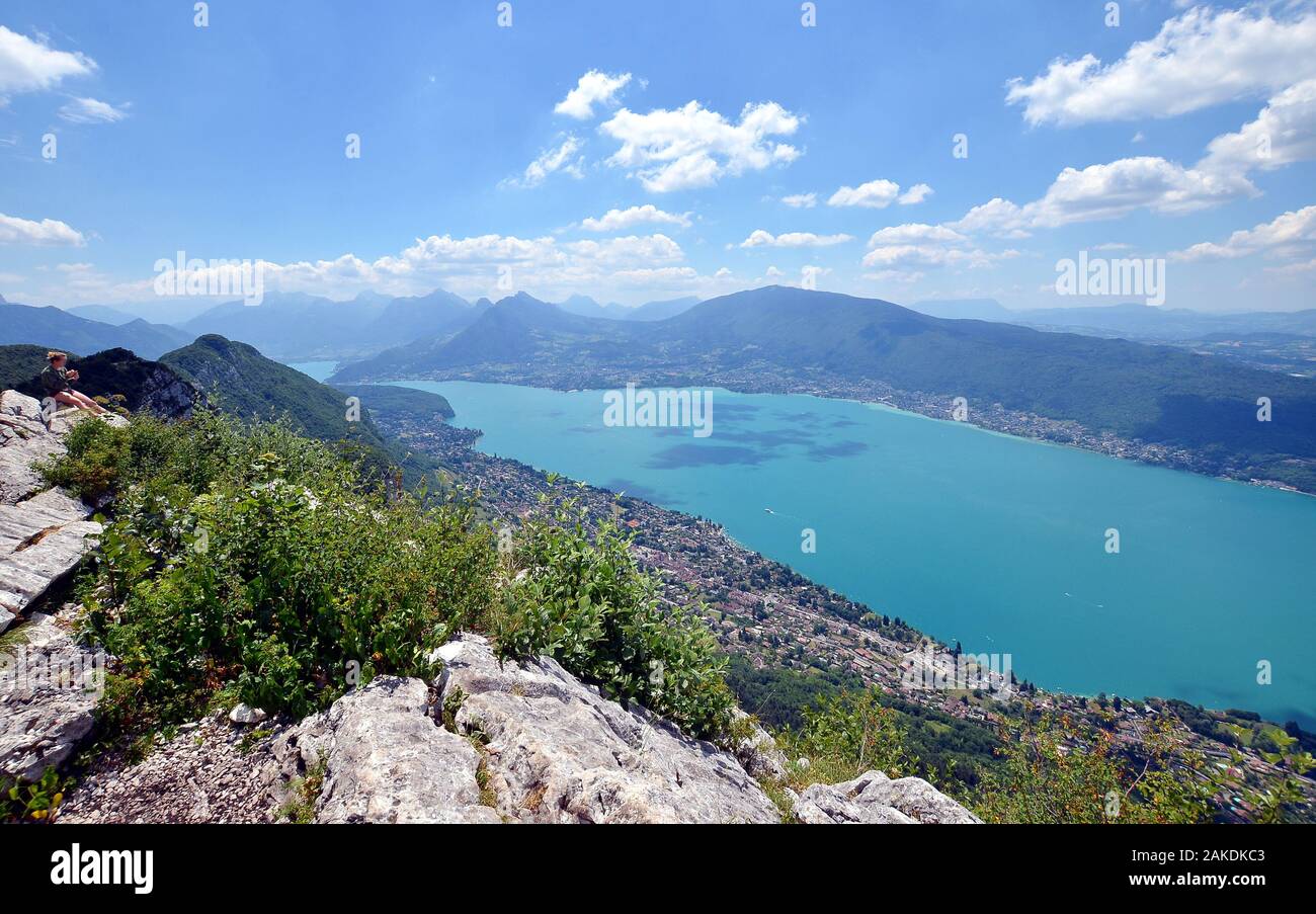 A panoramic view on the Lake Annecy from mont Veyrier to mont Baron ...