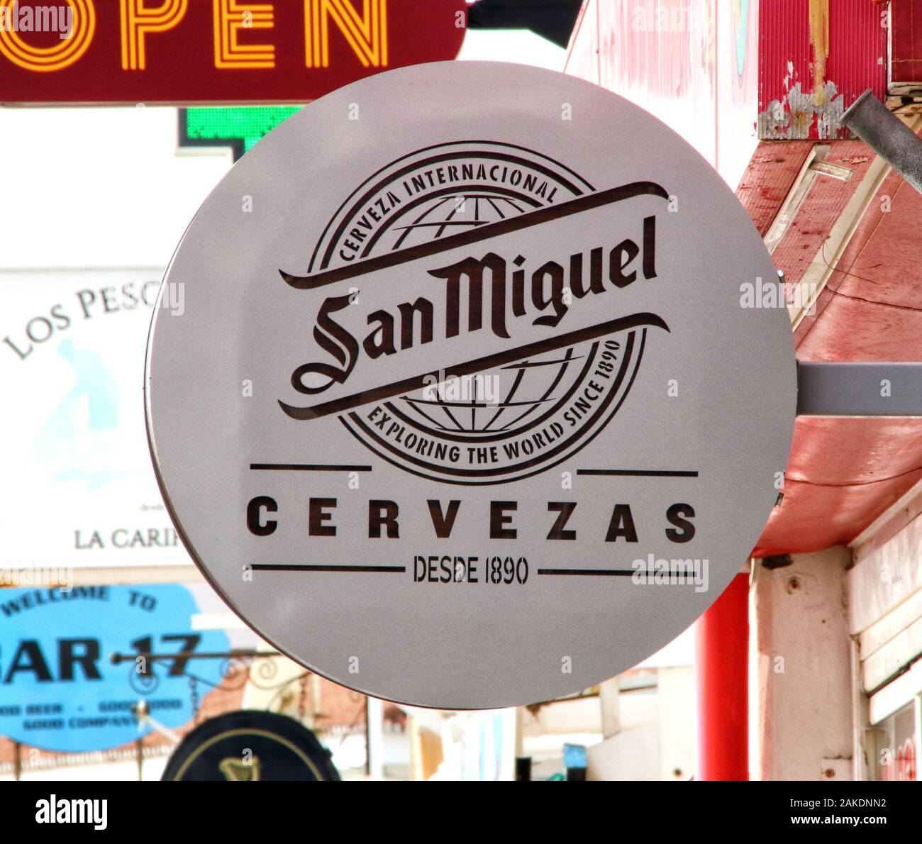San Miguel beer sign seen outside a bar in Costa del Sol Stock Photo ...