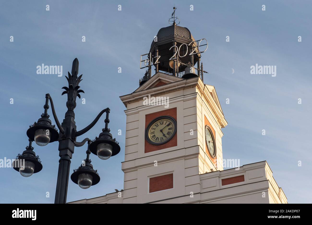 The Puerta del Sol clock displays the enter of the year with a 2020 ...