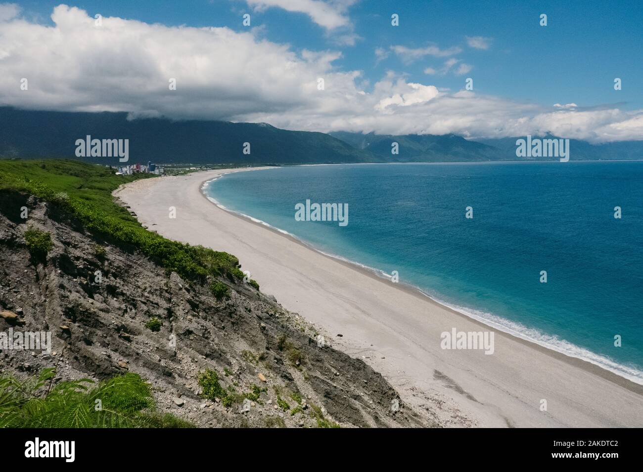 Blue waters and pebbled shore of Qixingtan Beach, near Hualien, on ...