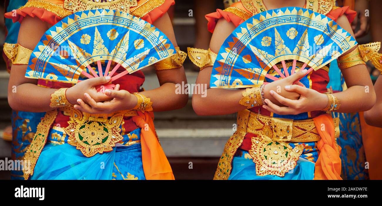 Asian travel background. Group of beautiful Balinese dancer women in ...