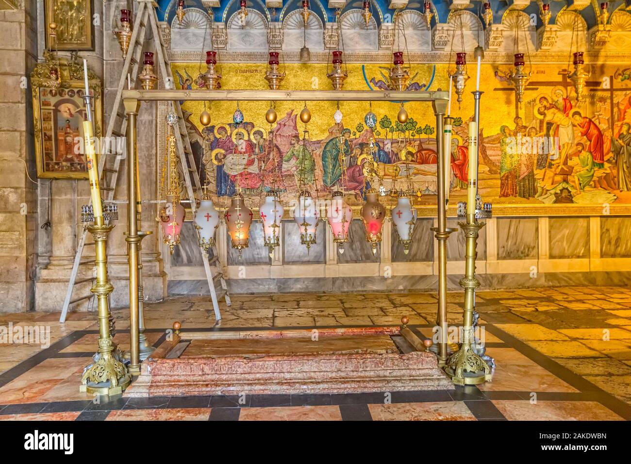 Stone of Anointing in Holy Sepulchre Church Stock Photo - Alamy
