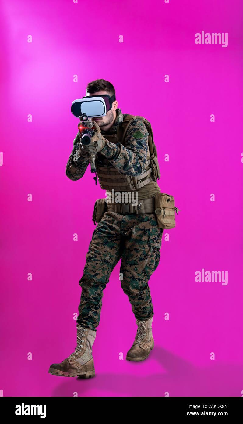 modern warfare futuristic soldier in battle using vr virtual reality ...