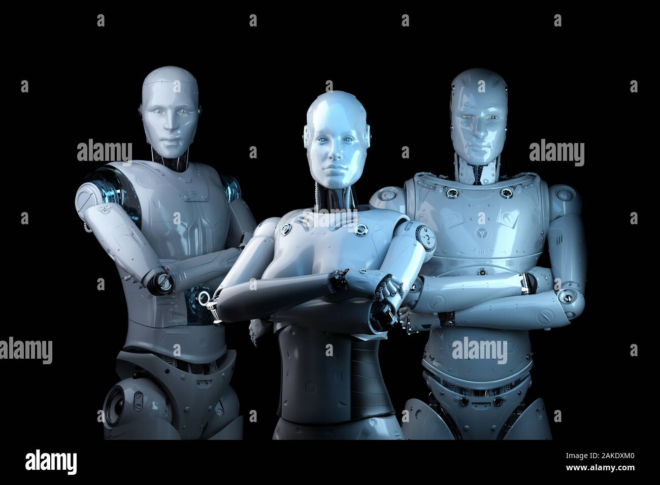 3d rendering group of male and female cyborgs on black background Stock ...