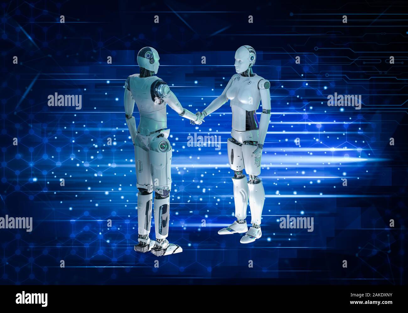 3d rendering male and female cyborg hand shaking Stock Photo - Alamy