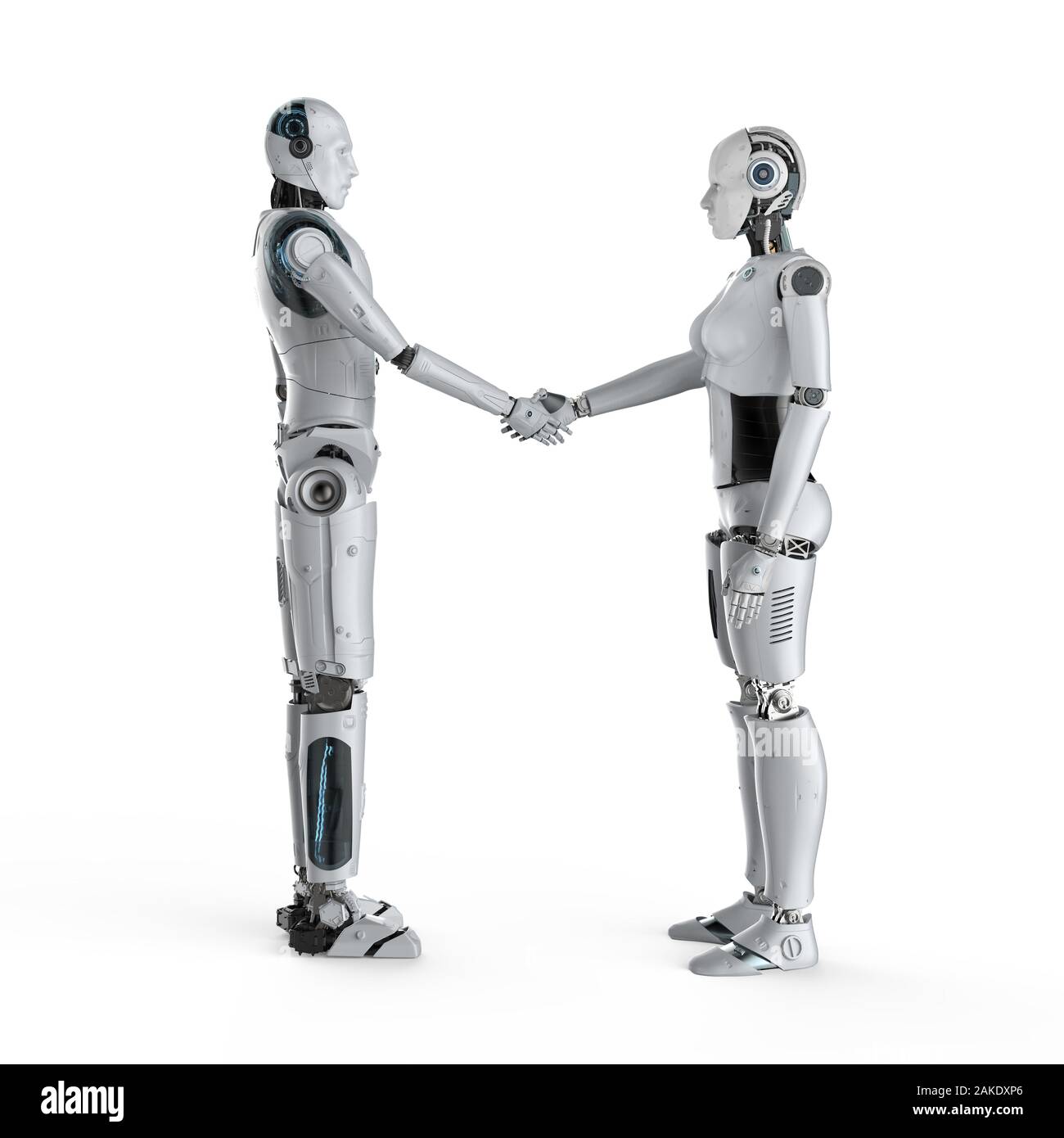 3d rendering male and female cyborg hand shaking Stock Photo - Alamy