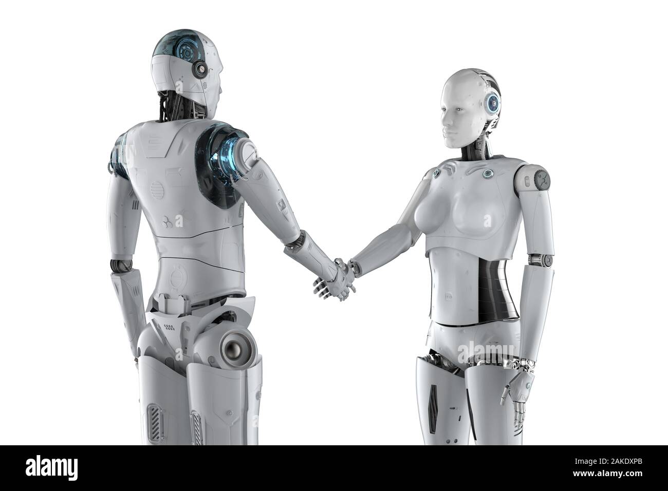 3d rendering male and female cyborg hand shaking Stock Photo - Alamy