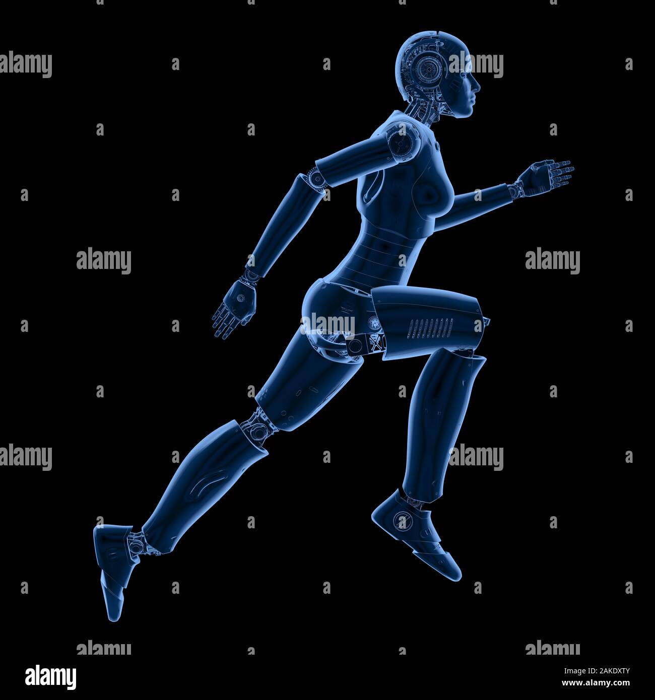 3d rendering x-ray female cyborg or robot run or jump isolated on black ...