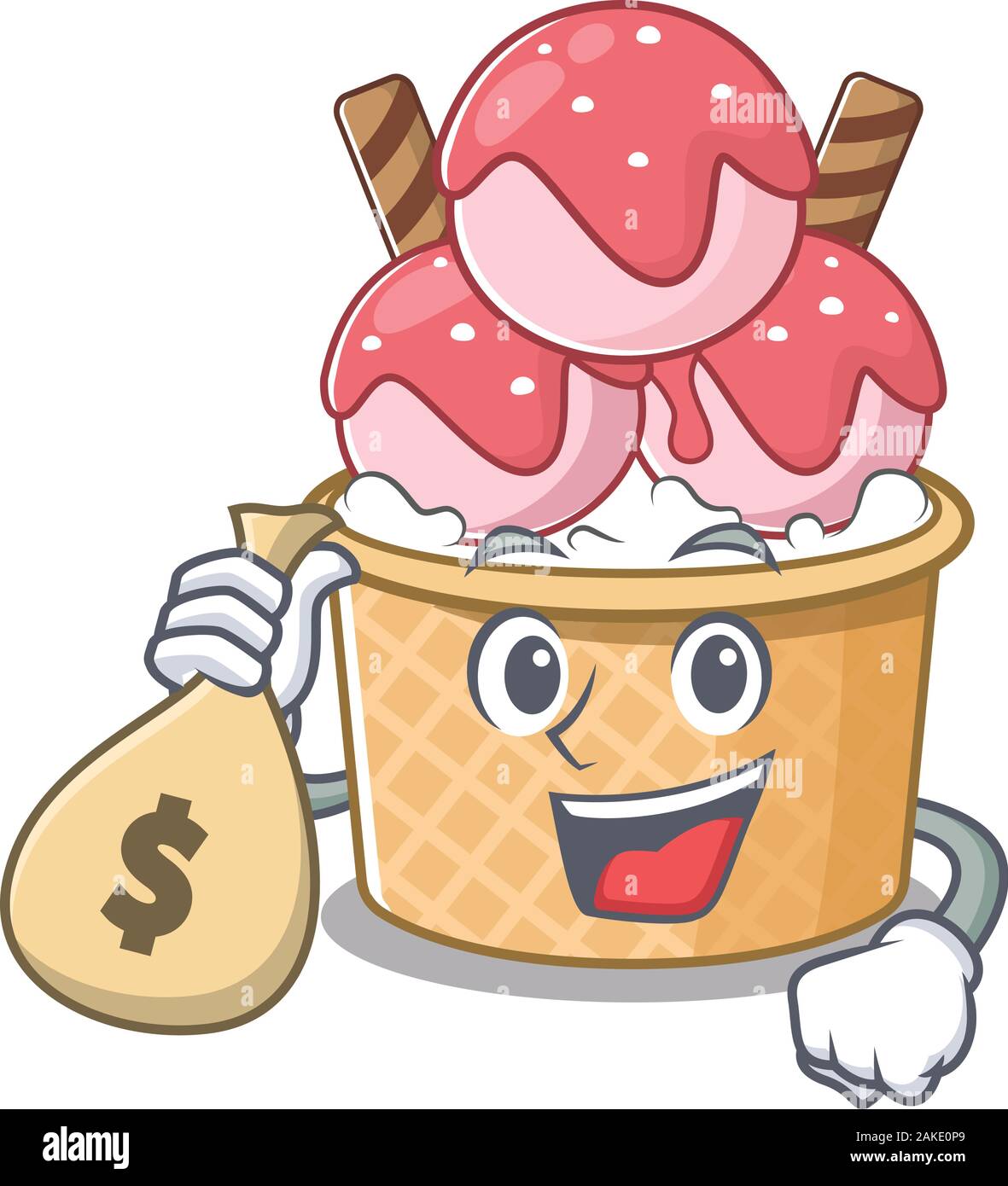 Happy rich ice cream sundae cartoon character with money bag Stock ...