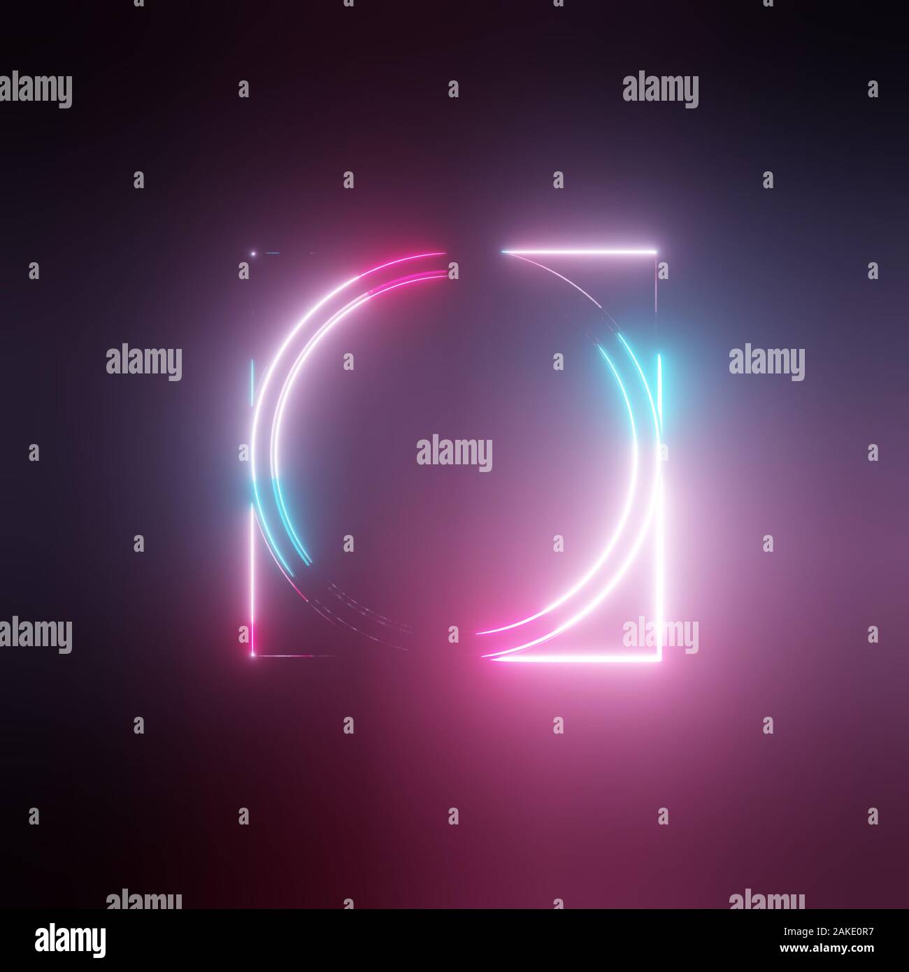 Neon light circles and square frames on dark background. 3D ...