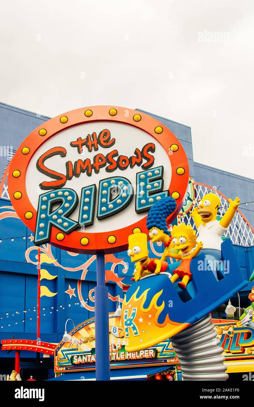 Los Angeles, Hollywood, USA - July 2019 Simpsons ride in the Universal ...