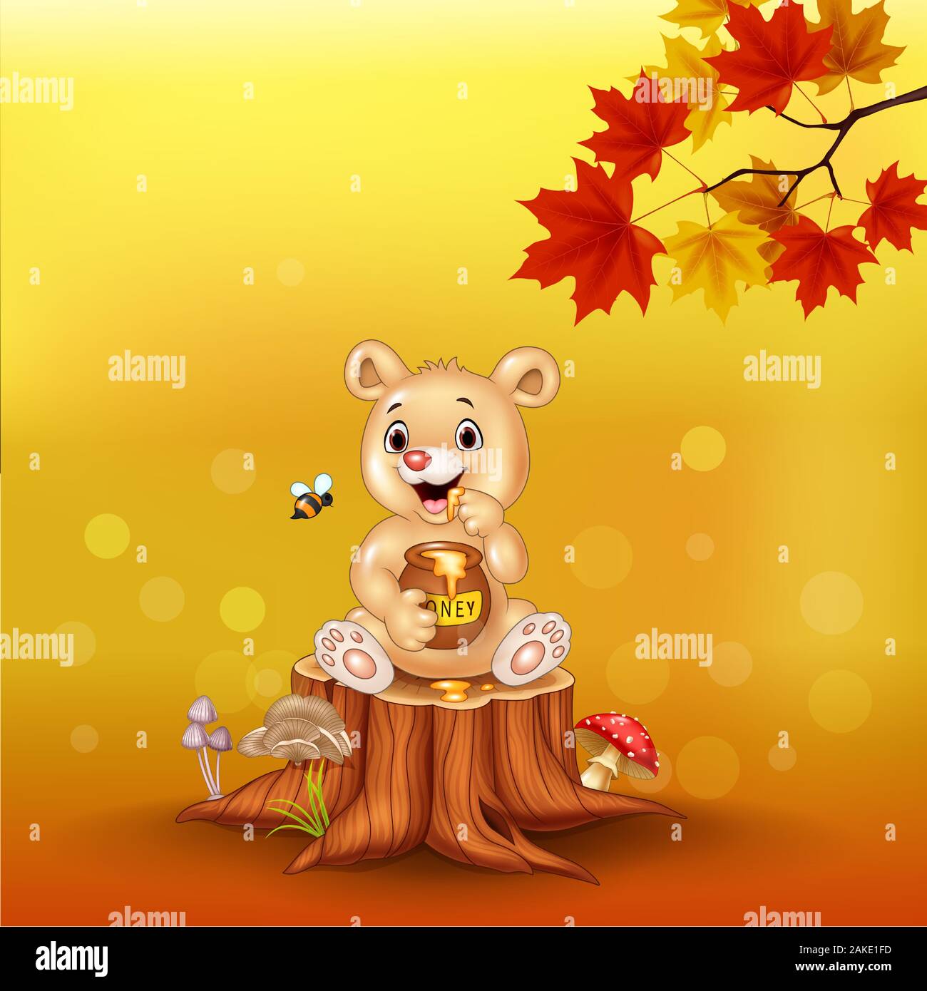 Cartoon baby bear holding honey pot on tree stump Stock Vector Image ...