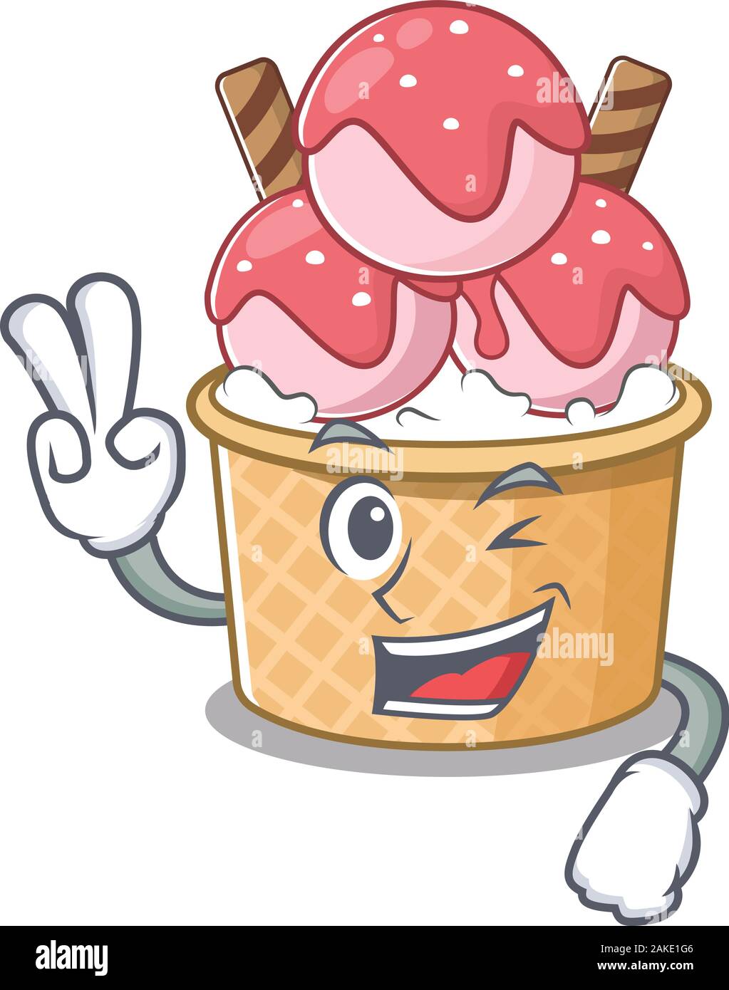 Smiley mascot of ice cream sundae cartoon Character with two fingers ...