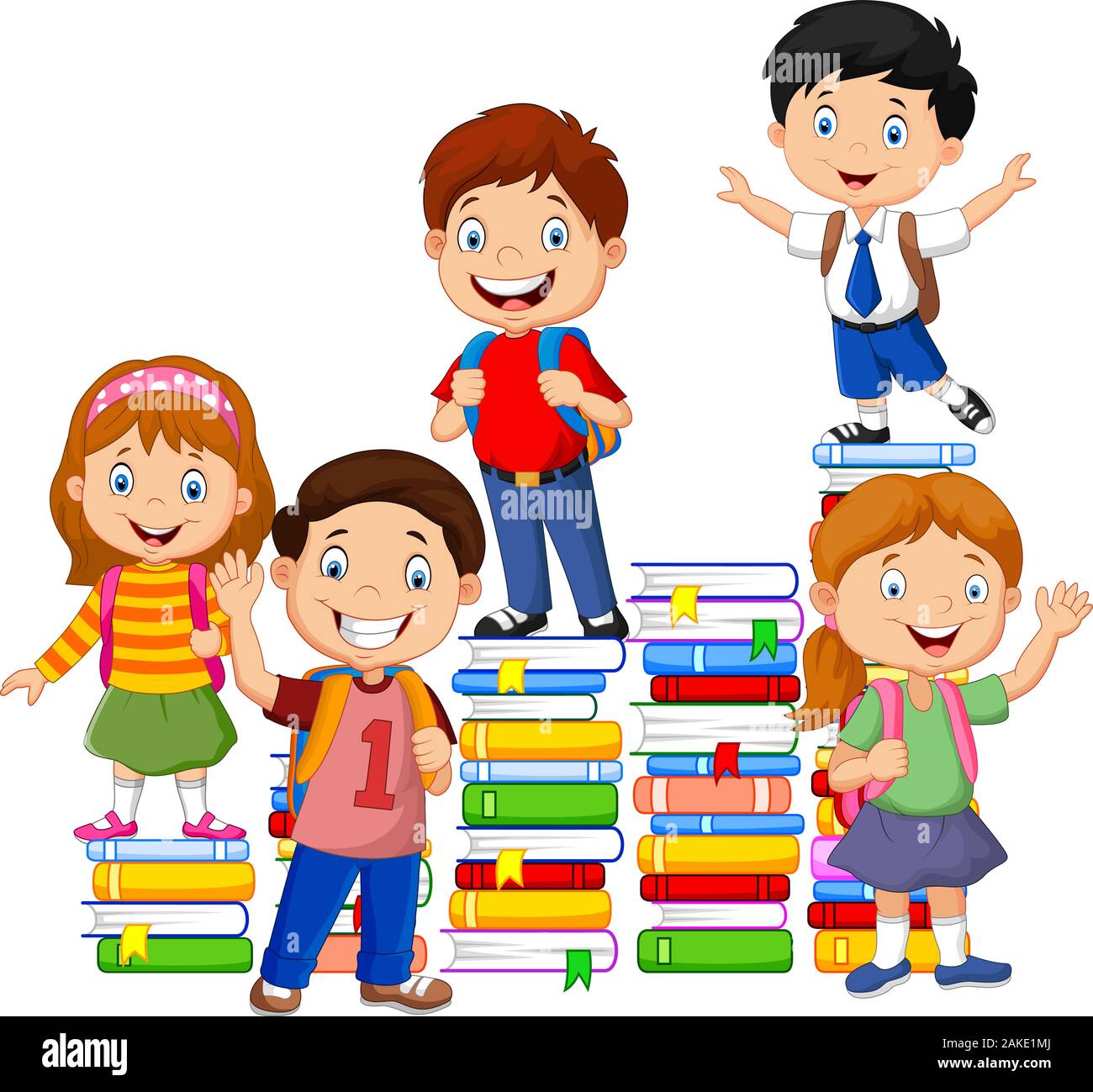 Happy schoolkids playing with stack of book Stock Vector Image & Art ...
