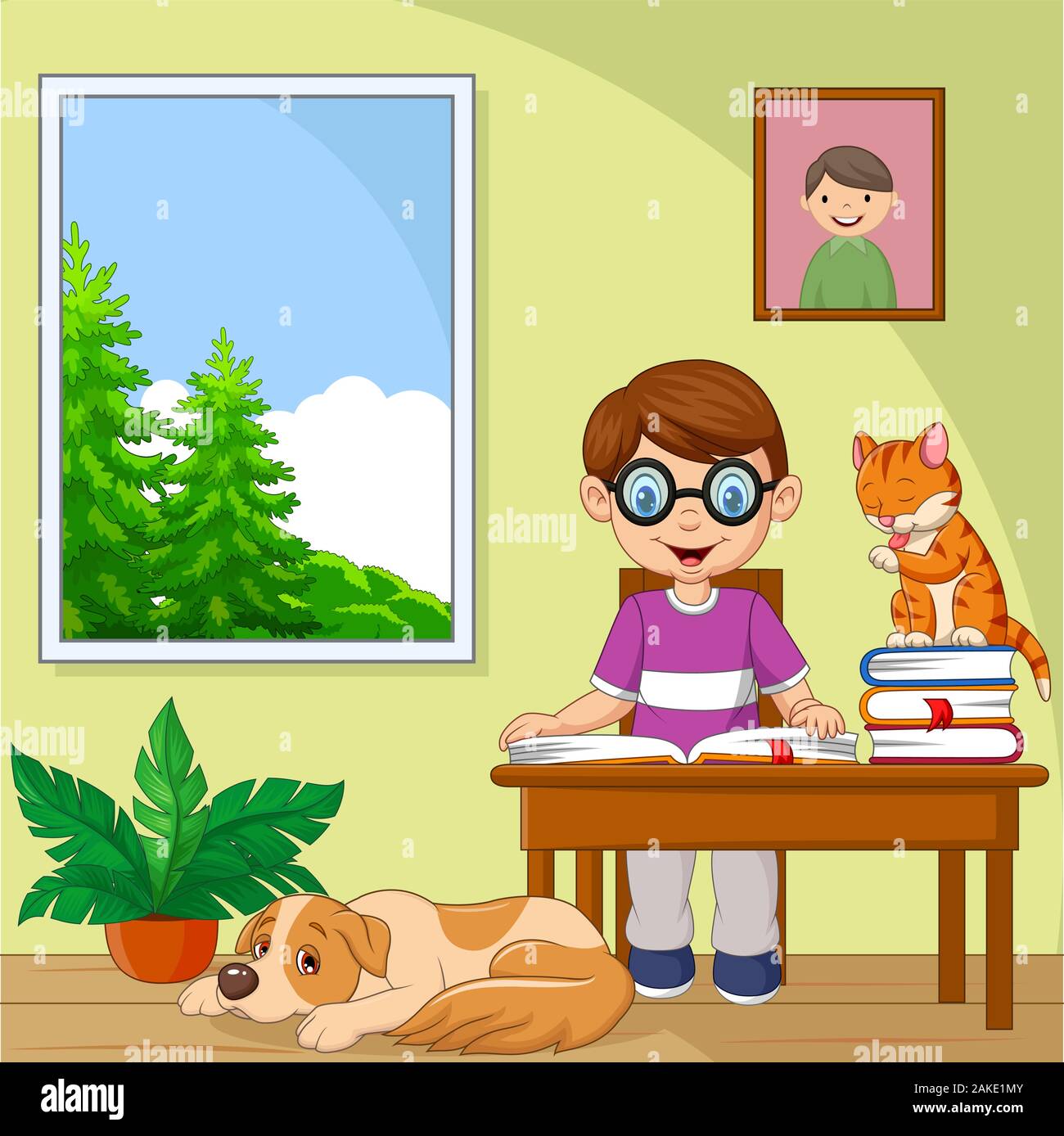 Cartoon little boy studying in the room Stock Vector Image & Art - Alamy