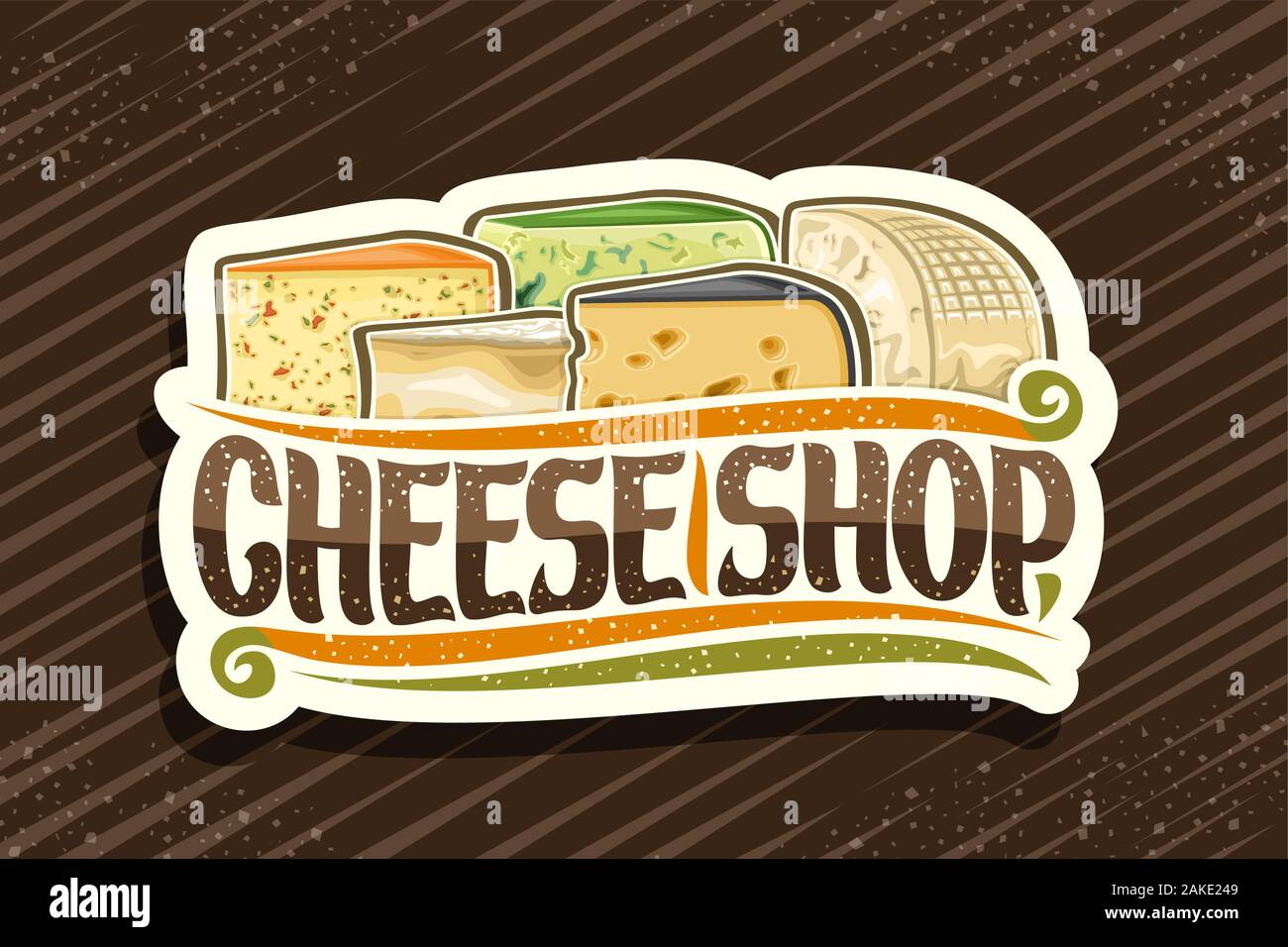 Vector logo for Cheese Shop, decorative cut paper label with ...