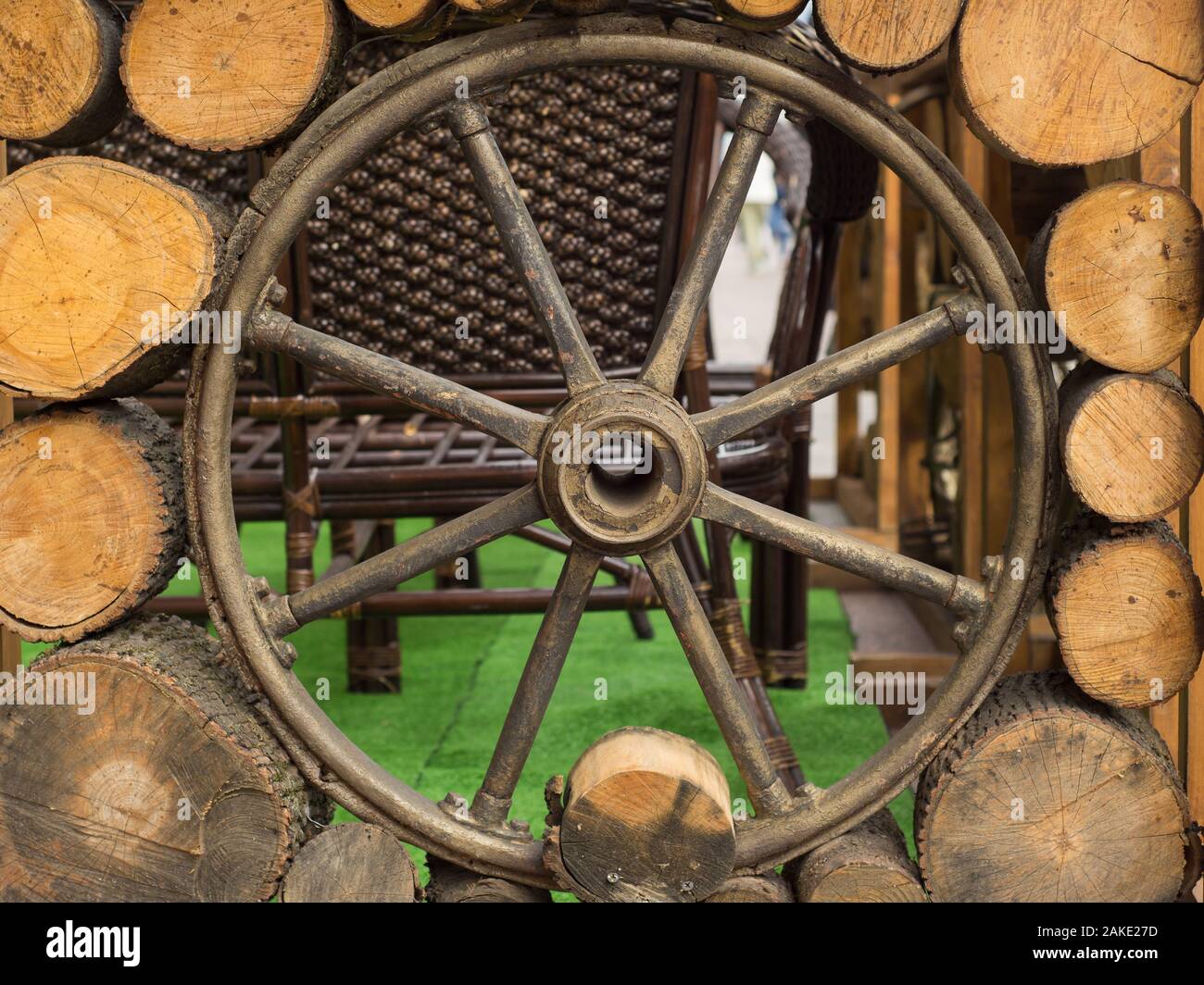 Wooden wheel in a dowel close up Stock Photo - Alamy