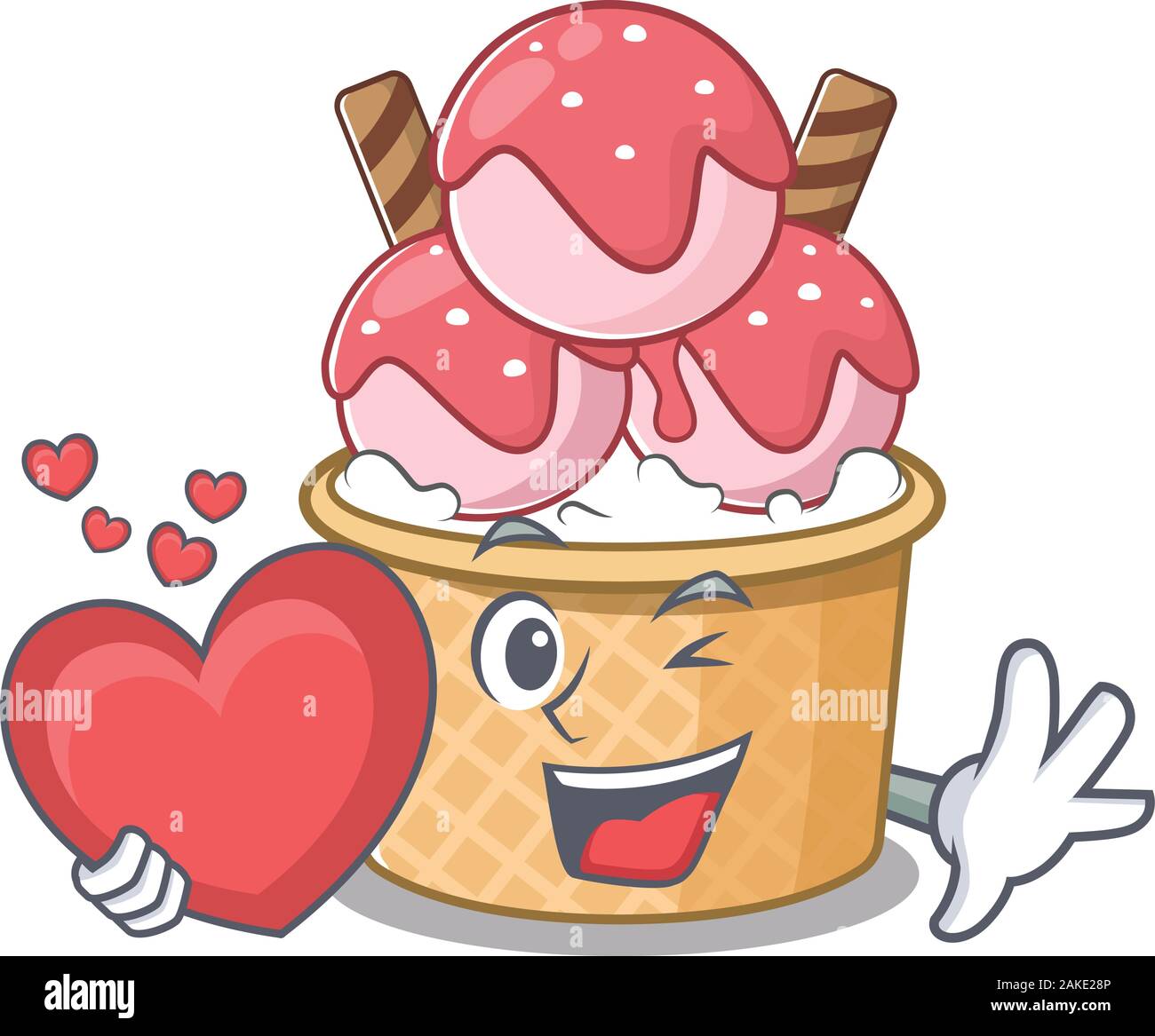 Funny Face ice cream sundae cartoon character holding a heart Stock ...